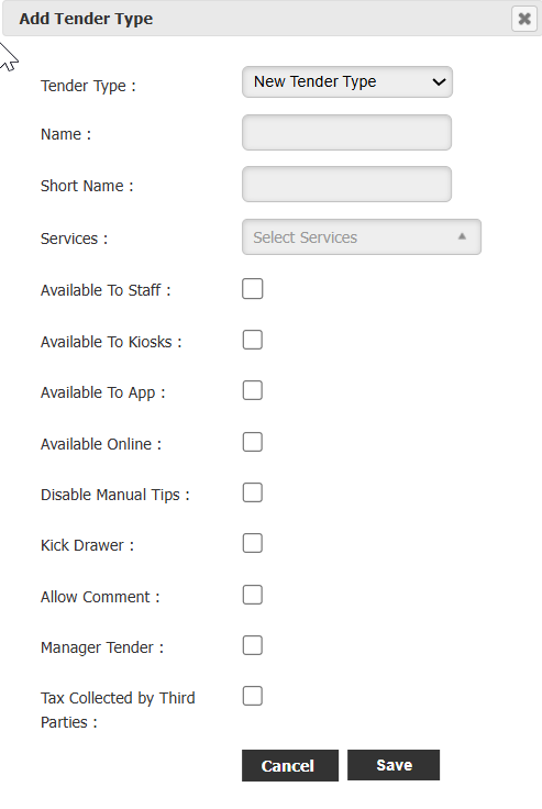 Payments - Tender Types (HQ) – TRAY